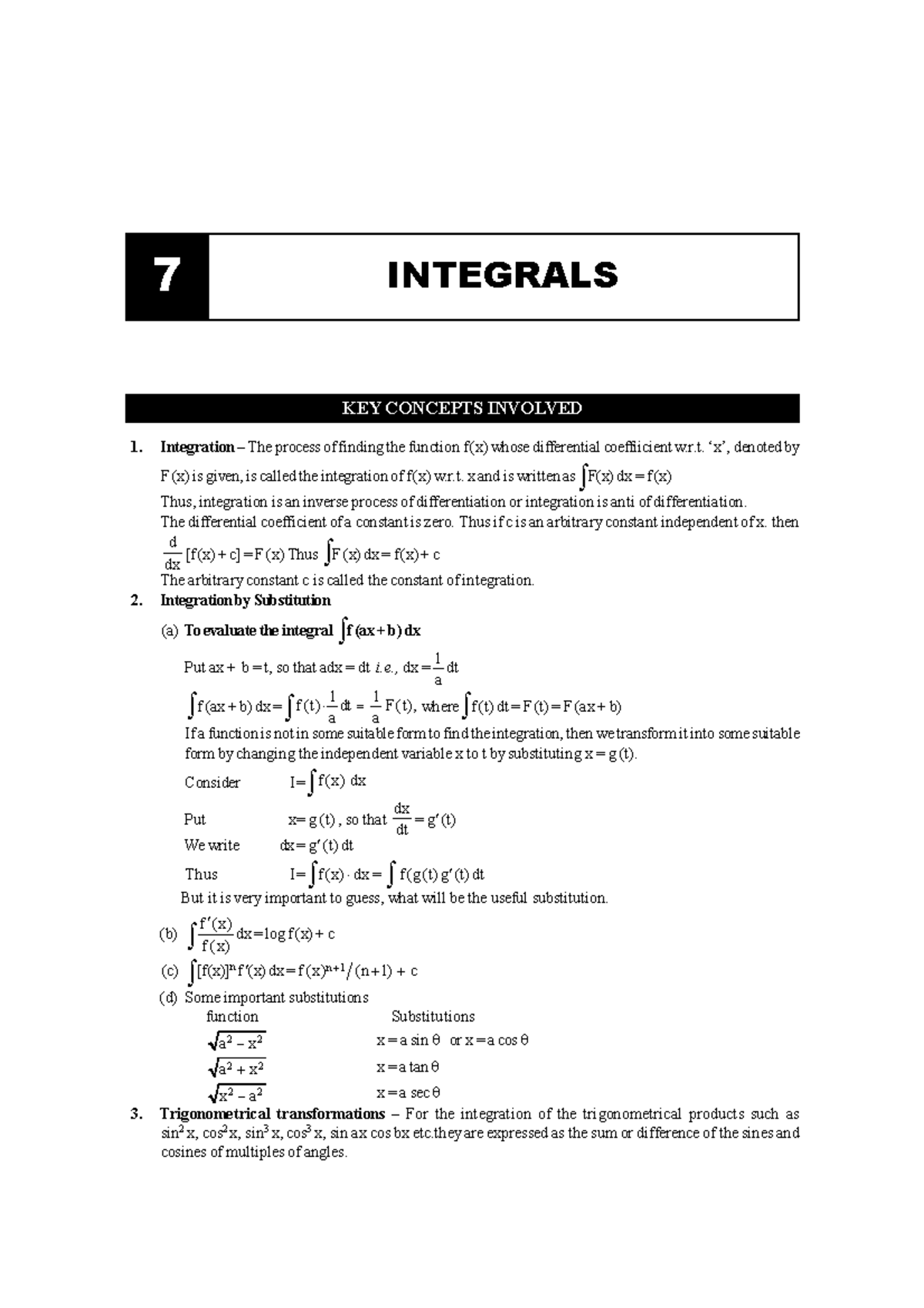 Chapter 7 Integrals: Key Concepts and Formulas for CBSE Class 12 Maths ...