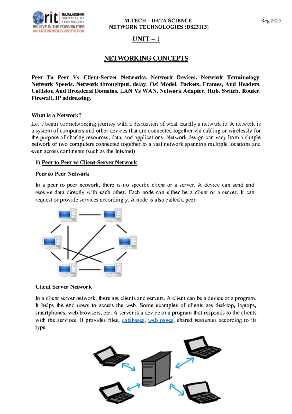 M.TECH DATA SCIENCE NETWORK TECHNOLOGIES (DS23113) Unit 1-5 Networking ...