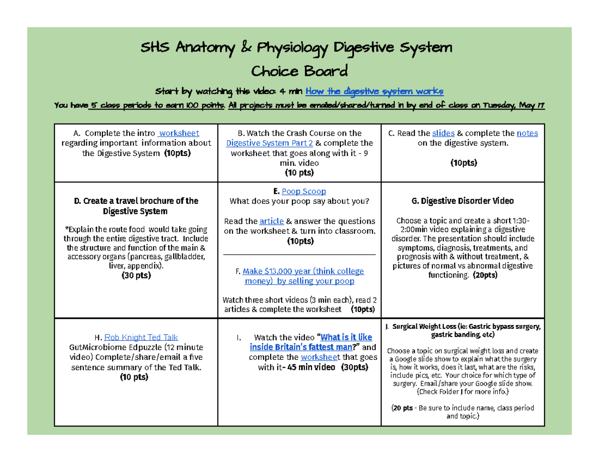 SHS Anatomy Physiology Choice Board - Digestive System - SHS Anatomy ...
