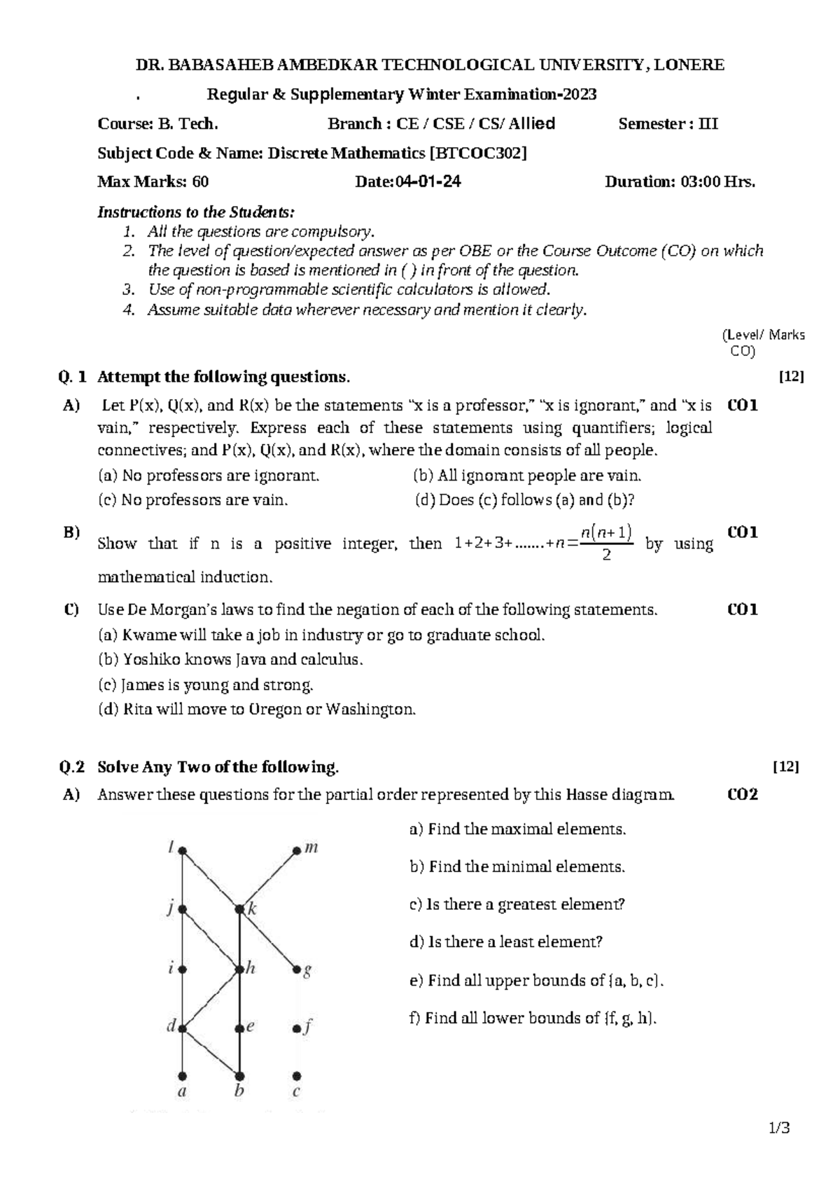 Discrete Mathematics Exam - B. Tech CE CSE Allied - 04-01-2024 - Studocu