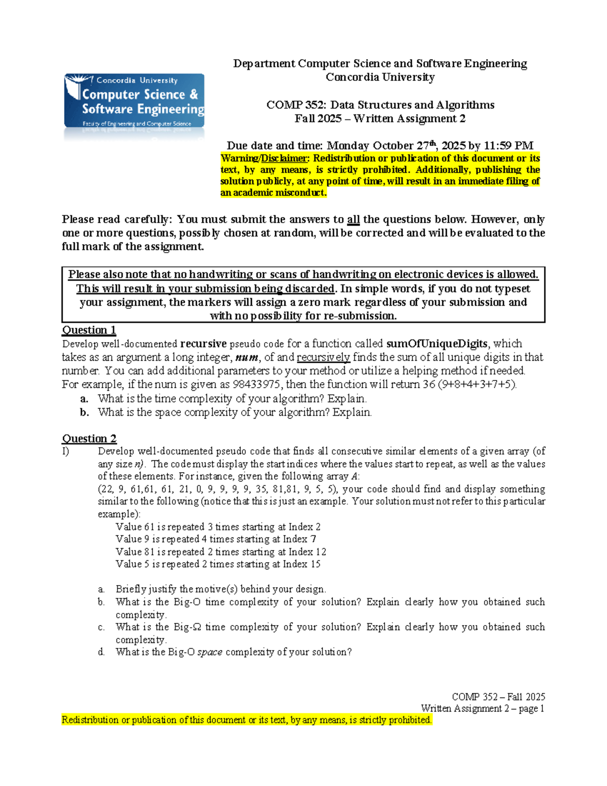 COMP 352 F25: Data Structures & Algorithms Written Assignment 2 - Studocu