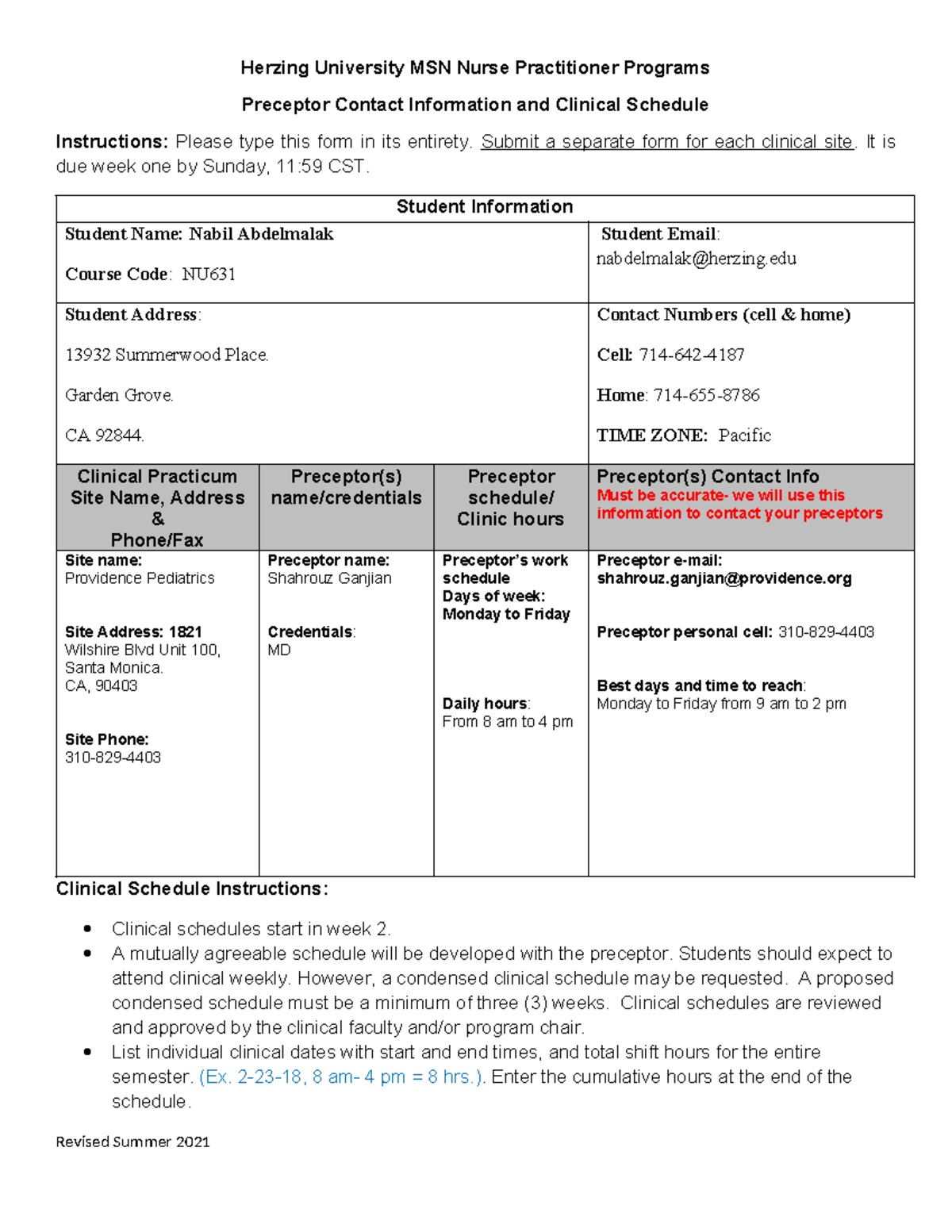 NU632 Pediatric Clinical Schedule & Preceptor Contact Info - Studocu