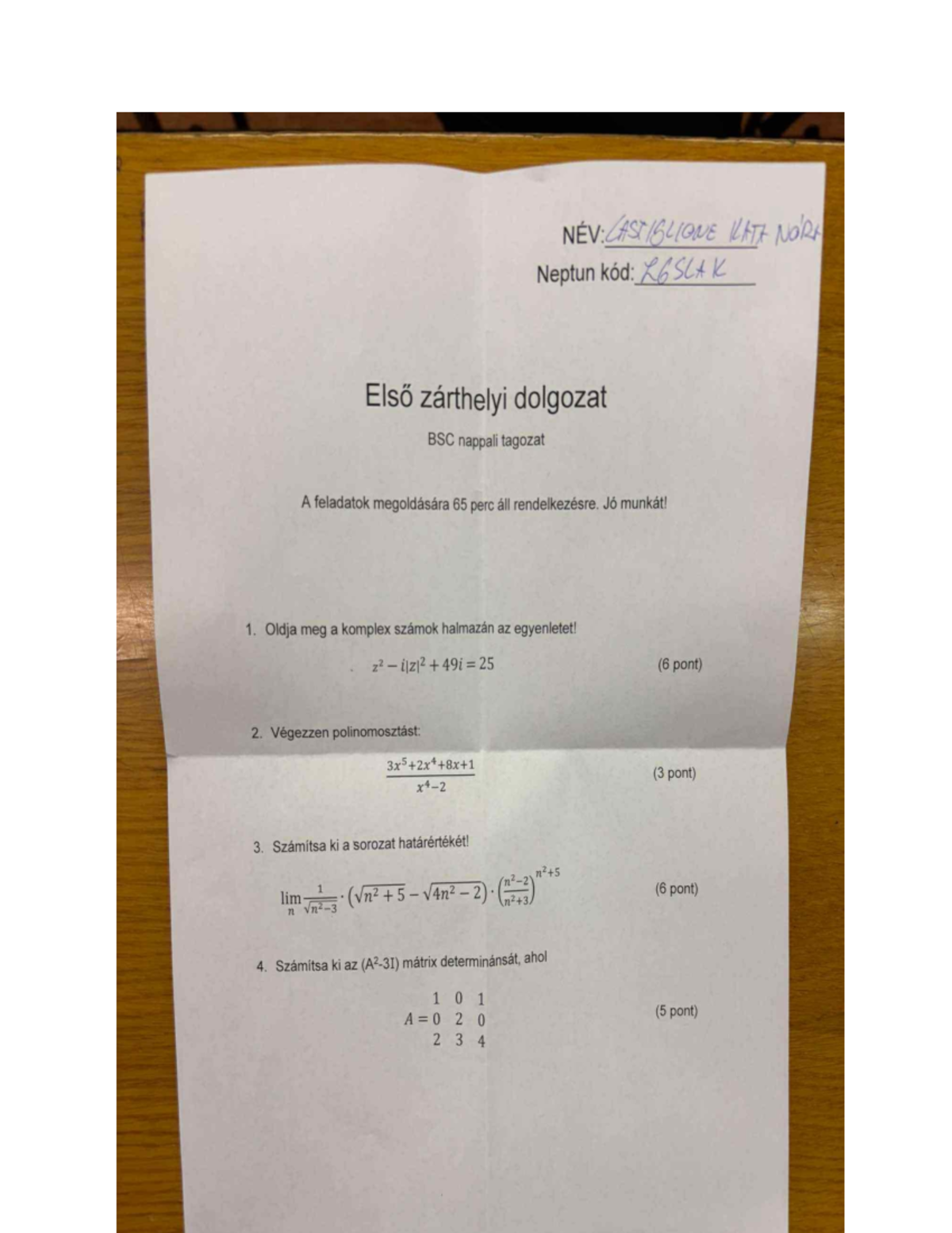 Matematika I. BSC zárthelyi dolgozat - 65 perc megoldásra - Studocu