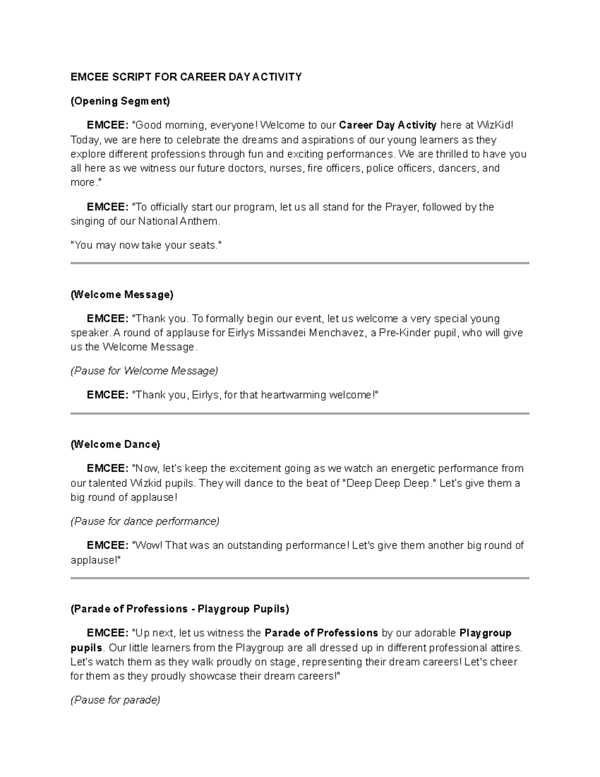Emcee script for career day activity at WizKid - Studocu