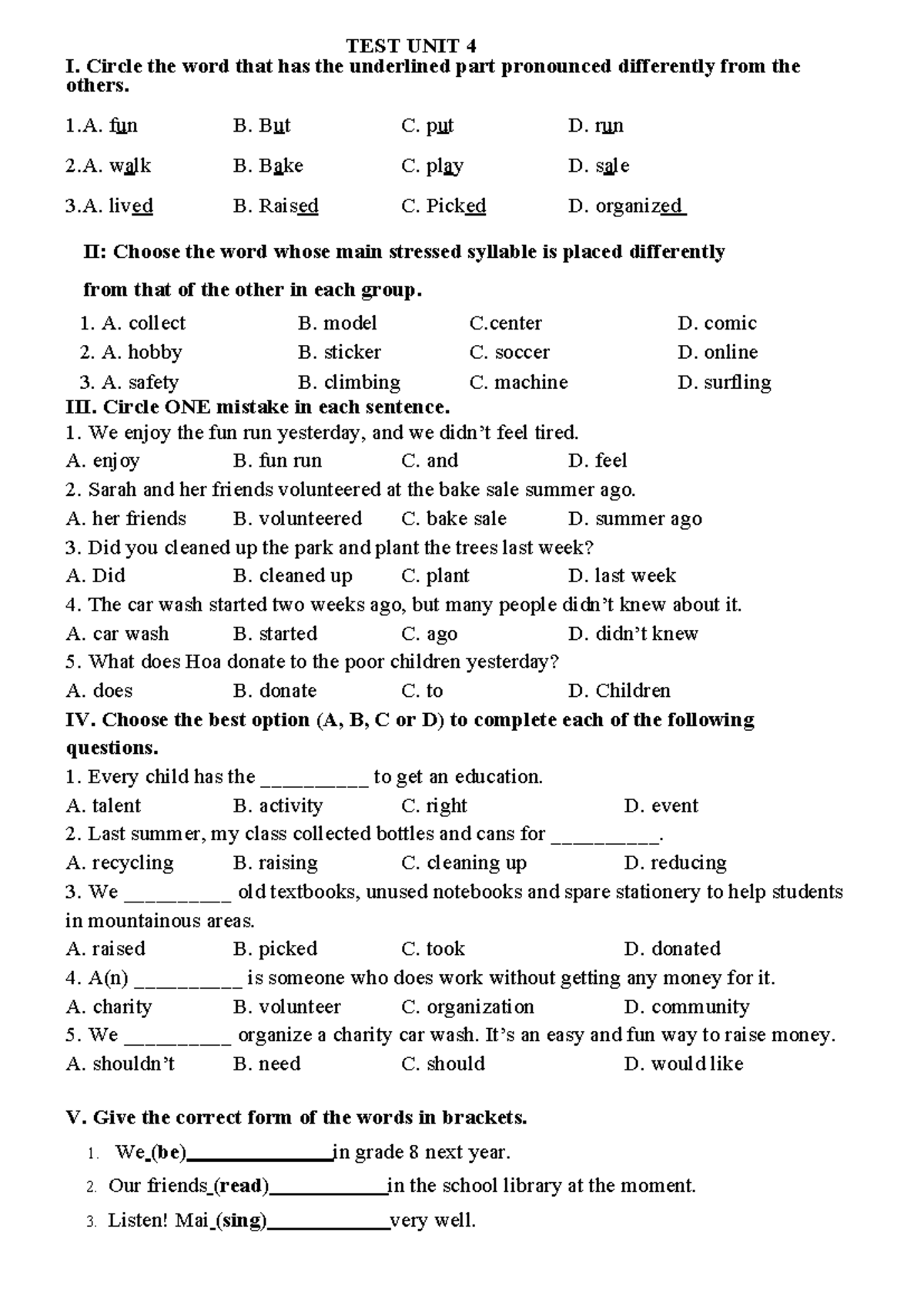 TEST UNIT 4 - High School Pronunciation & Grammar Exercises - Studocu