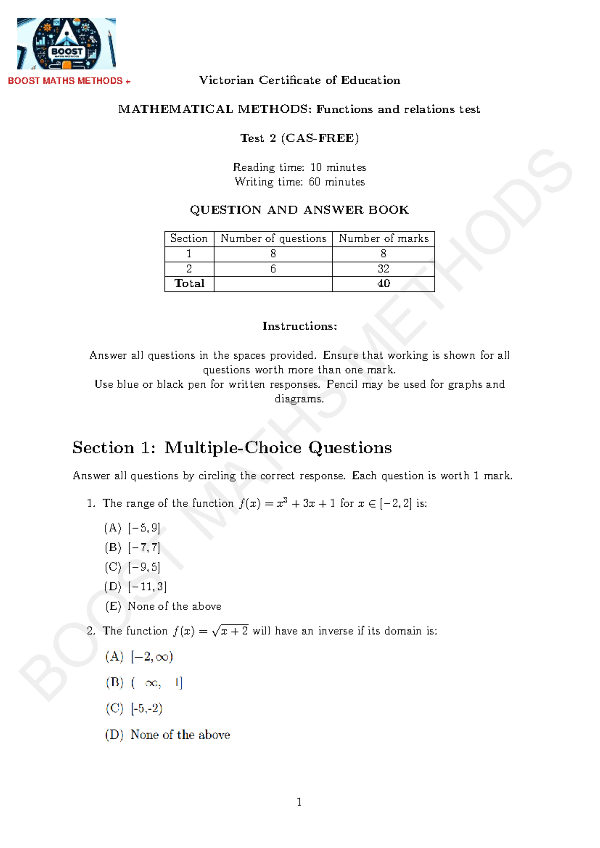 VCE BOOST MATHS METHODS: Functions & Relations Test 2 Guide - Studocu