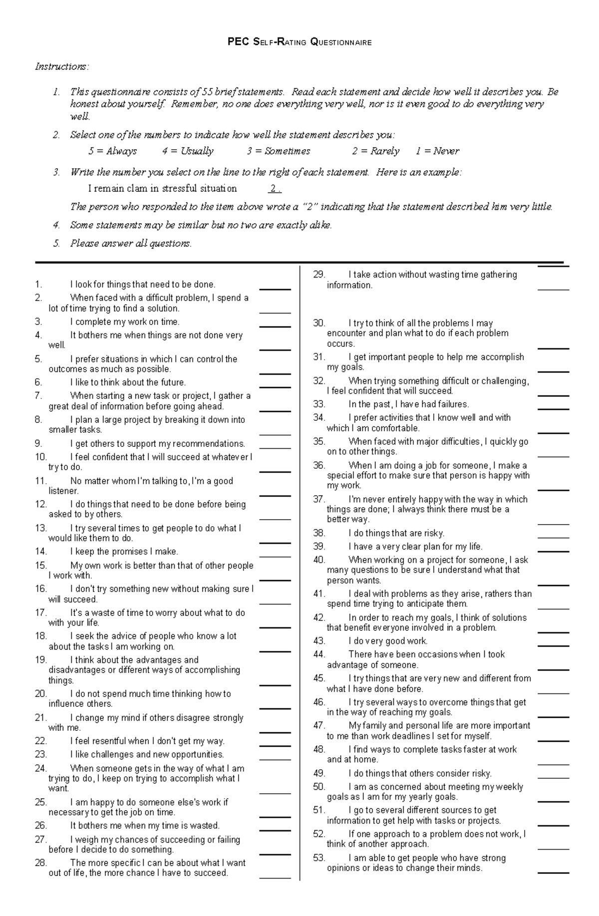 PEC Questionnaire and Scoring Instructions for Self-Assessment - Studocu