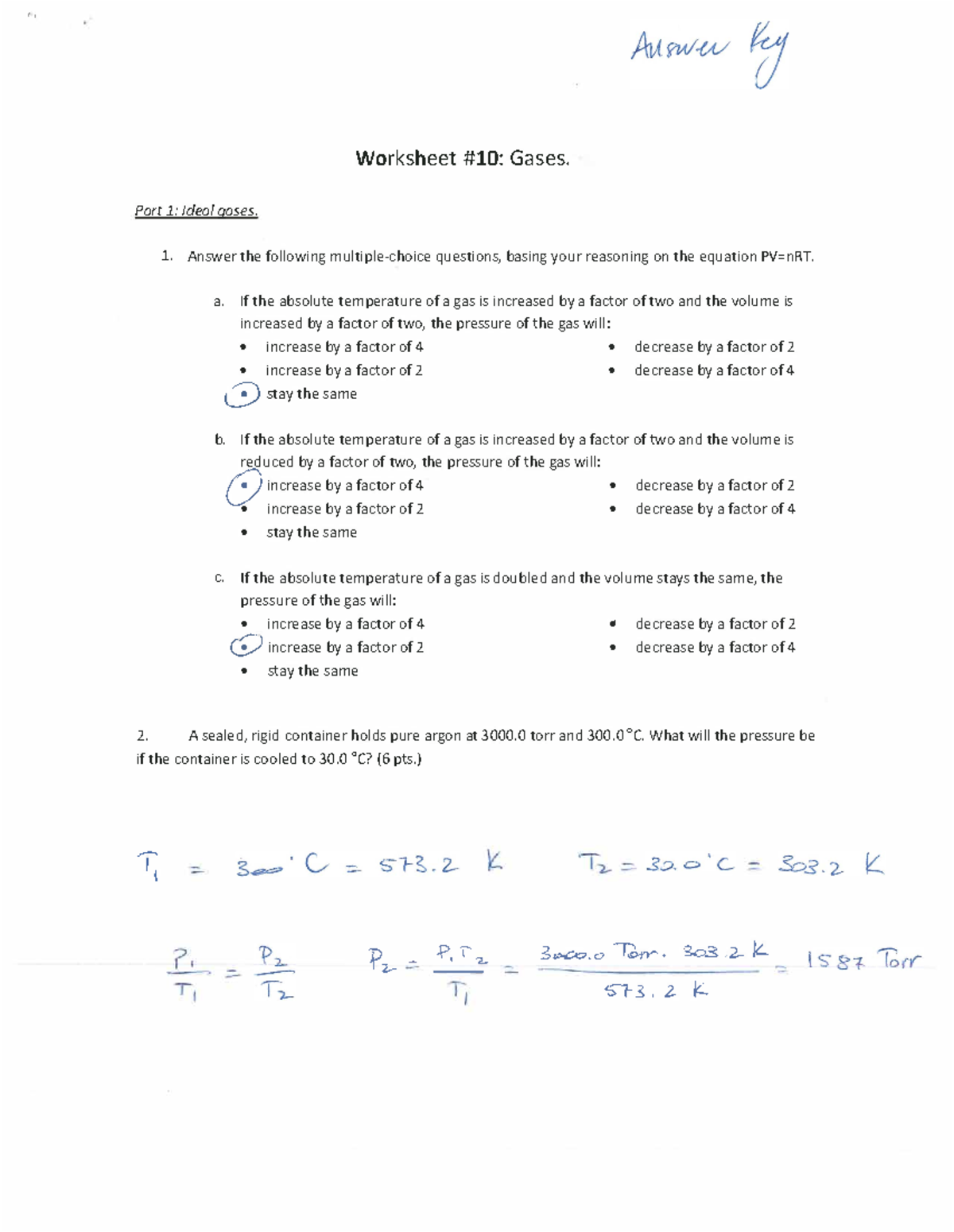CH 1031 Worksheet 10 - Ideal Gases Answer Key and Explanations - Studocu