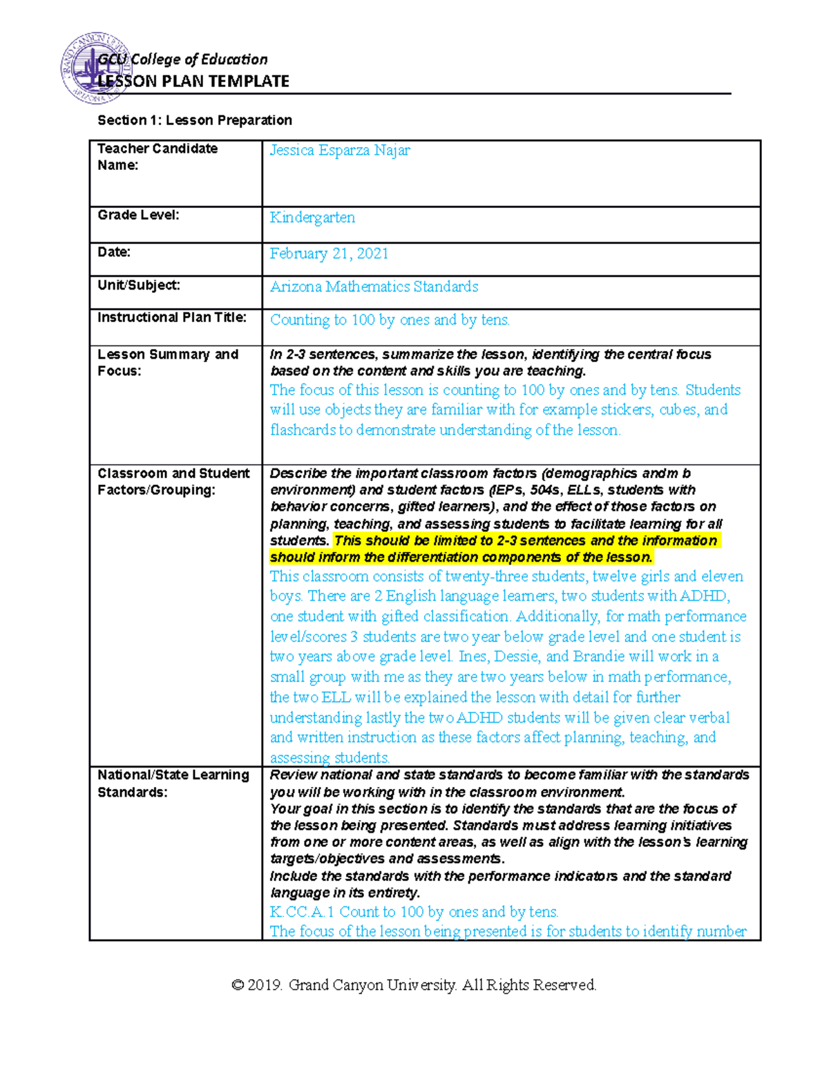 ELM210 Lesson Plan: Counting to 100 by Ones and Tens (K) - Studocu