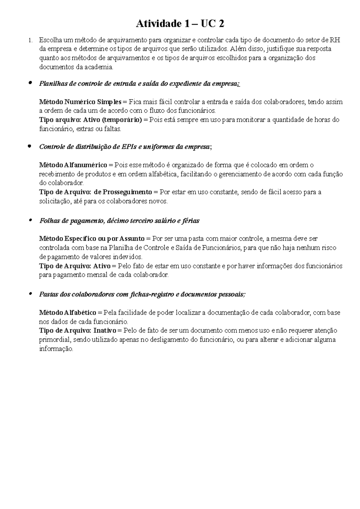 UC 02 - Atividade 1: Métodos de Arquivamento para Documentos de RH - Studocu