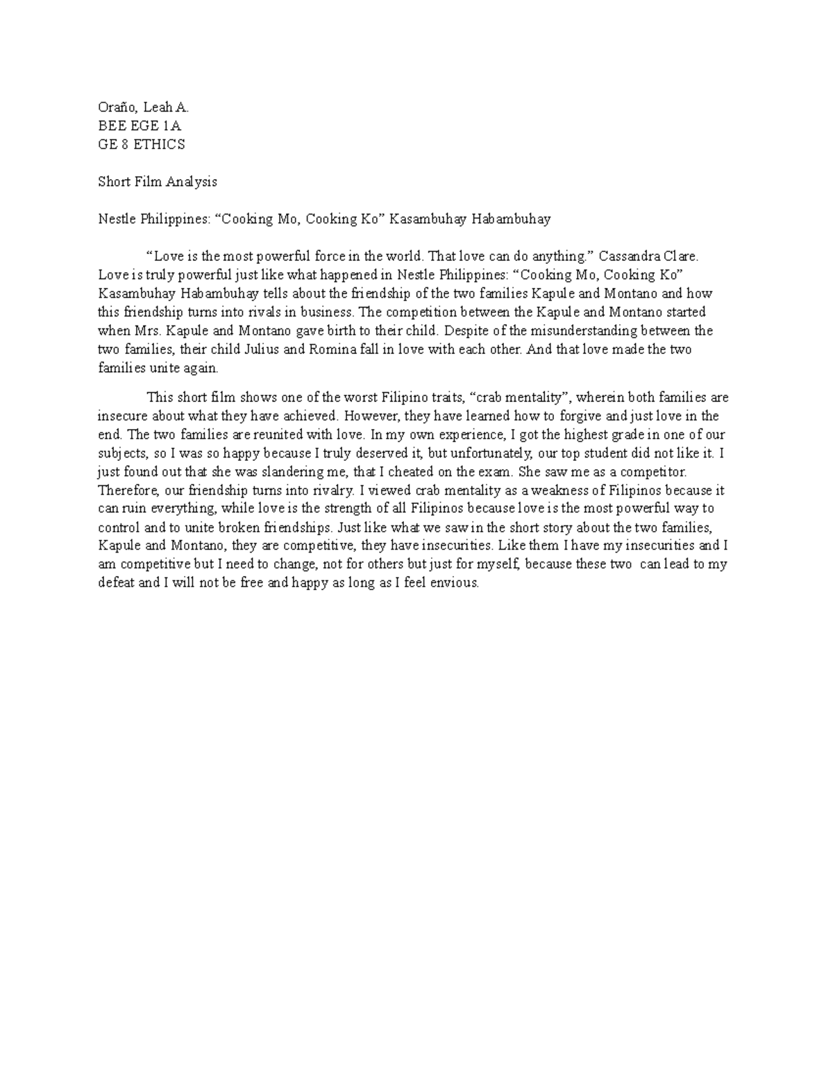 Short Film Analysis ( Ethics) - Oraño, Leah A. BEE EGE 1A GE 8 ETHICS ...