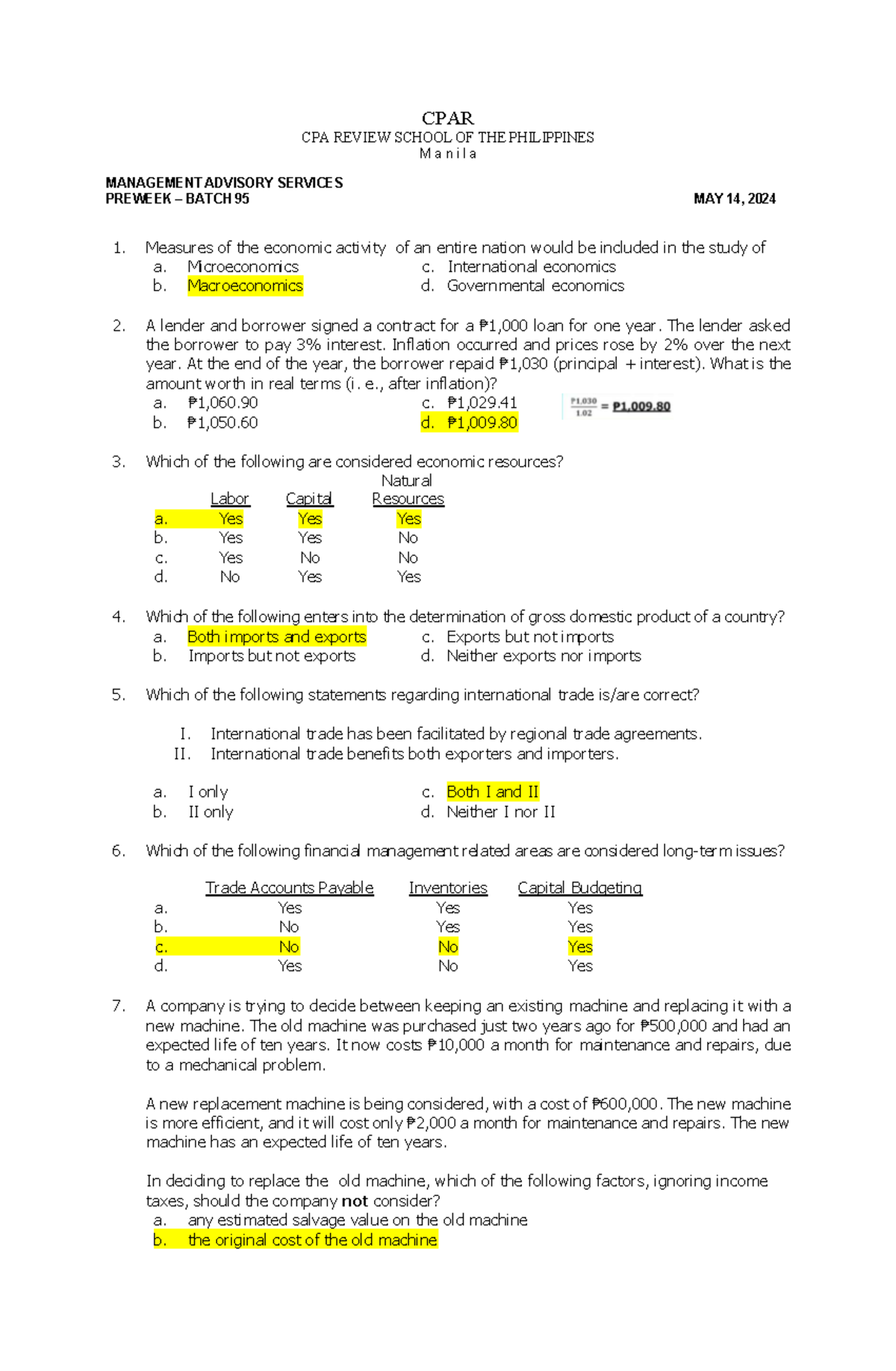 BATCH 95 PREWEEK MANAGEMENT ADVISORY SERVICES REVIEW NOTES - Studocu