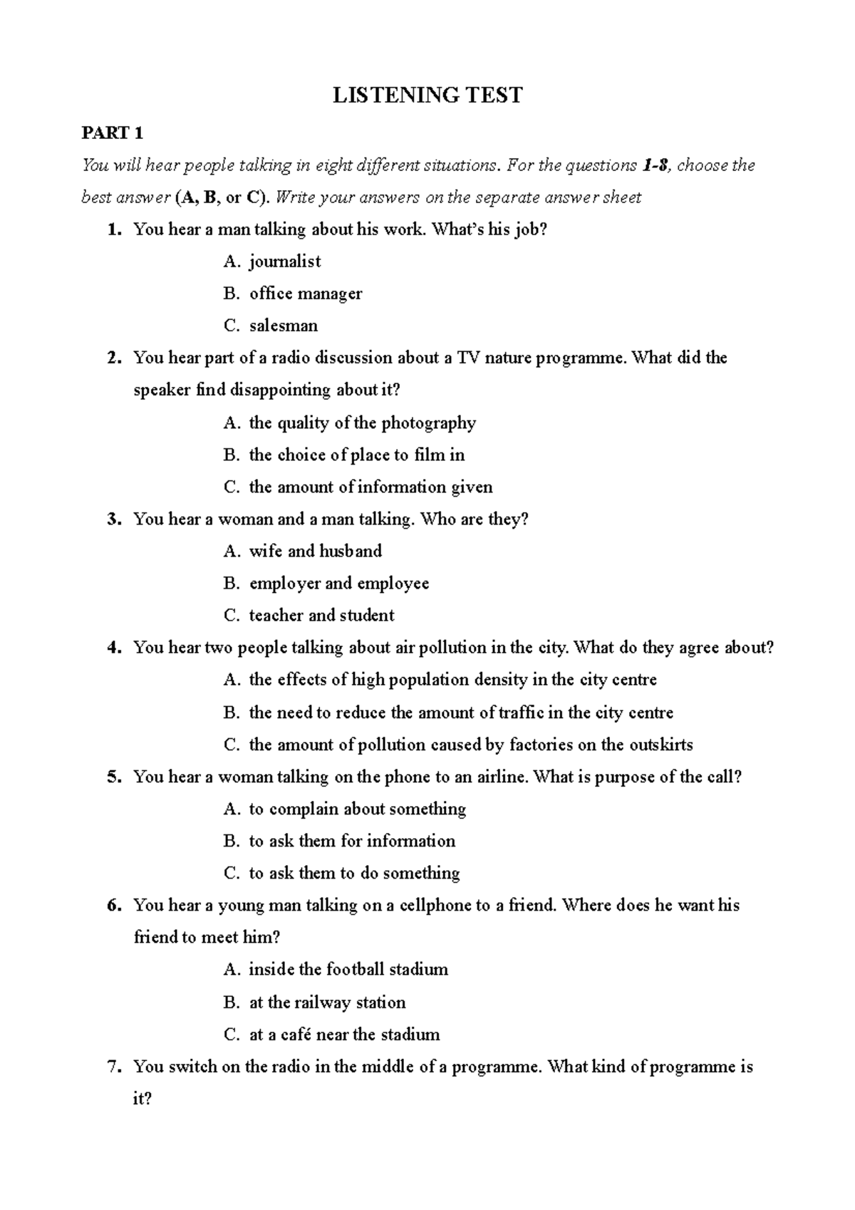 TEST Paper Listening - LISTENING TEST PART 1 You will hear people ...
