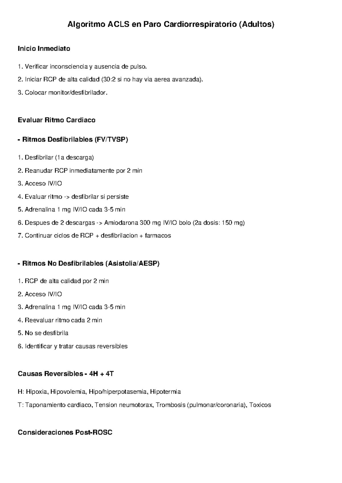 Algoritmo ACLS para Paro Cardiorrespiratorio (Adultos) - Studocu