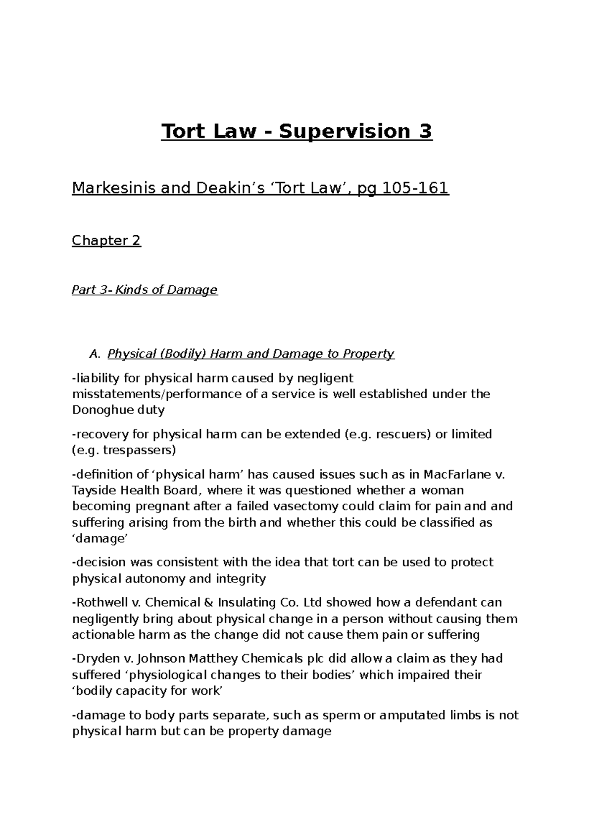 Tort Law Supervision 3: Chapter 2 - Kinds of Damage Analysis - Studocu