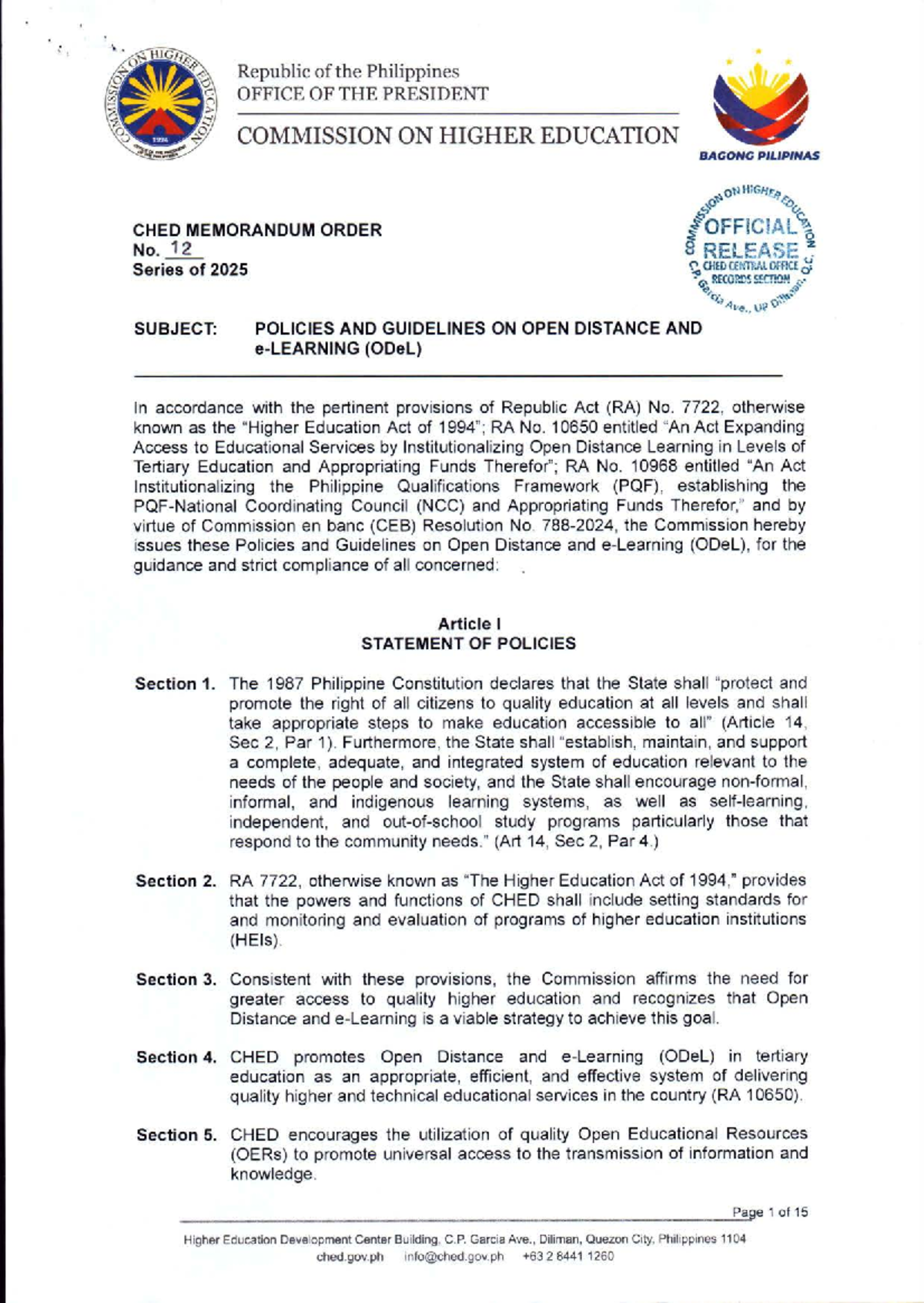 CHED Memorandum Order No. 12, Series of 2025: Policies on ODeL - Studocu