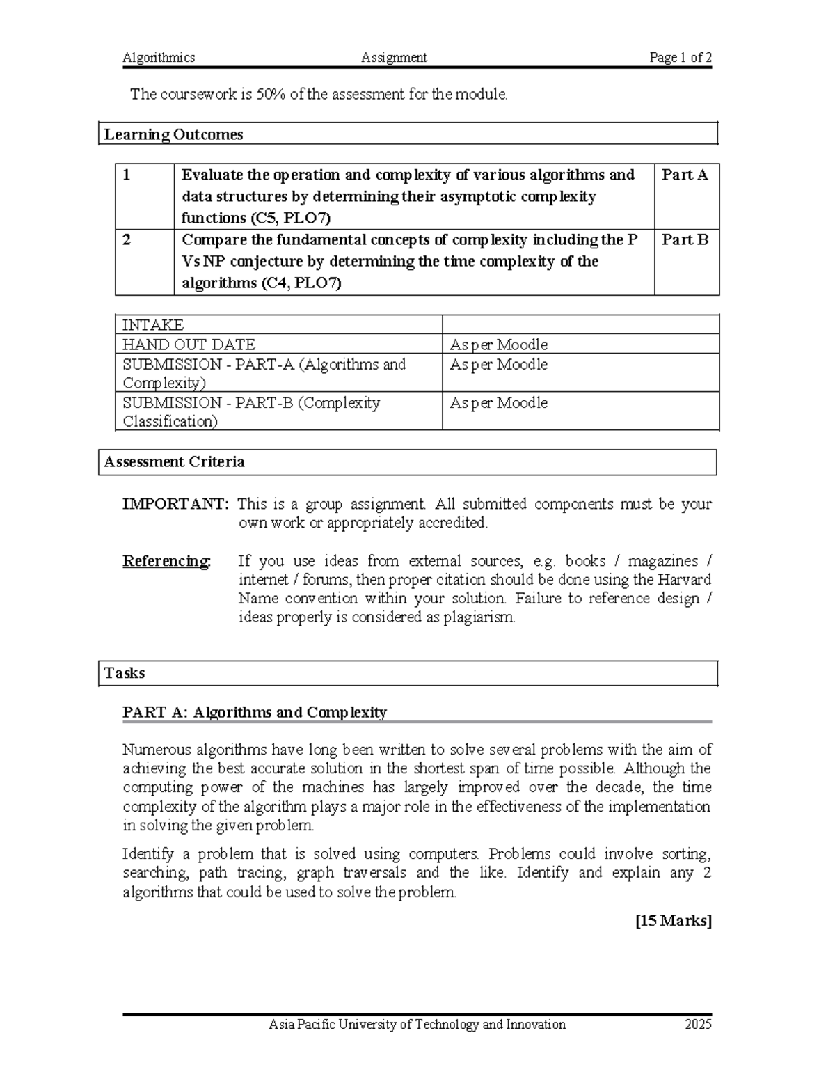 Algorithmics Assignment (C5, PLO7) - Algorithms & Complexity Analysis - Studocu