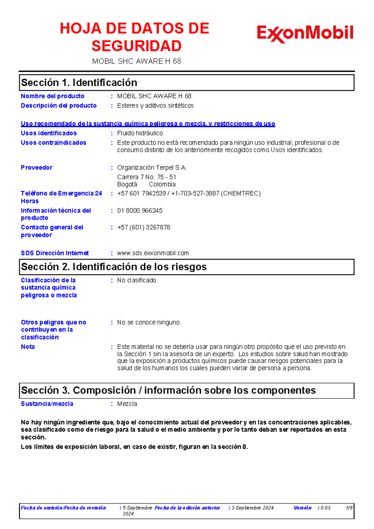 Hoja de Datos de Seguridad: Mobil SHC Aware H 68 - Studocu