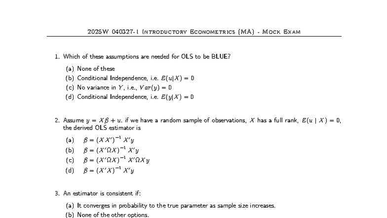 2025W Introductory Econometrics (MA) Mock Exam 1: OLS Assumptions & Estimators - Studocu