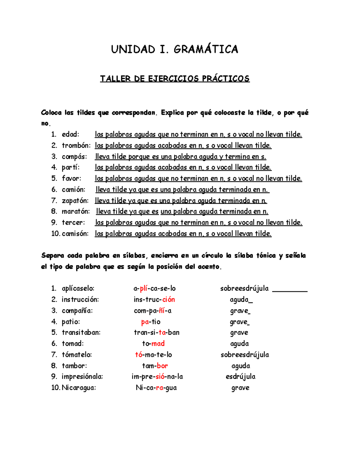 Taller Resuelto de Gramática - Ejercicios Prácticos - Studocu