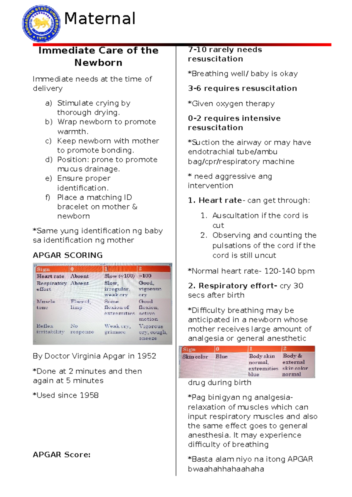 Immediate Care of the Newborn: APGAR Scoring & First Steps - Studocu