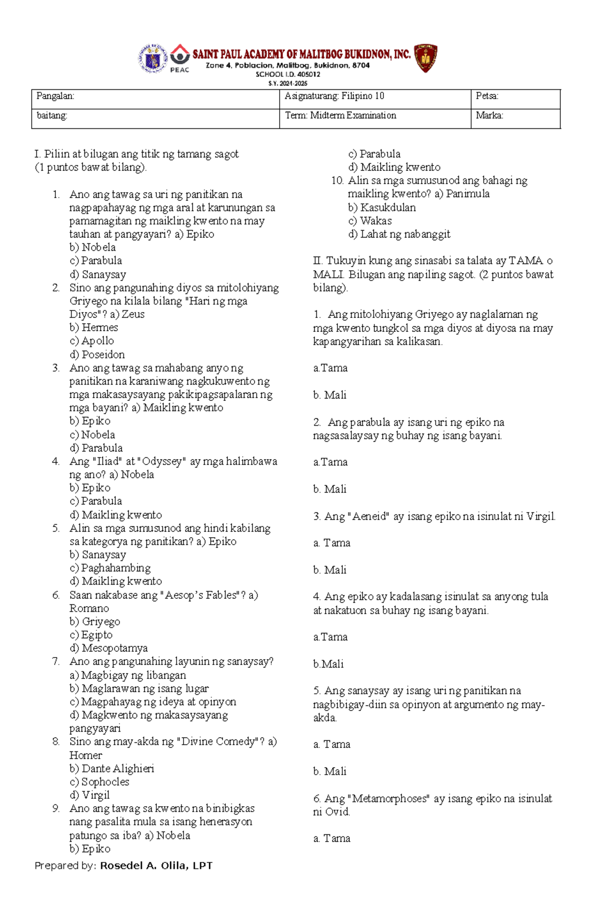 Filipino 10 Midterm Exam: TQ's, TOS & Answer Key - Studocu
