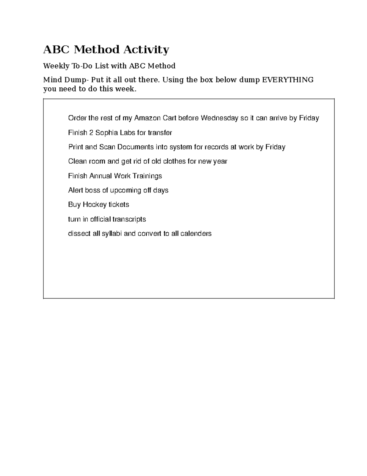 ABC Method Activity Weekly Task List and Prioritization Guide - Studocu