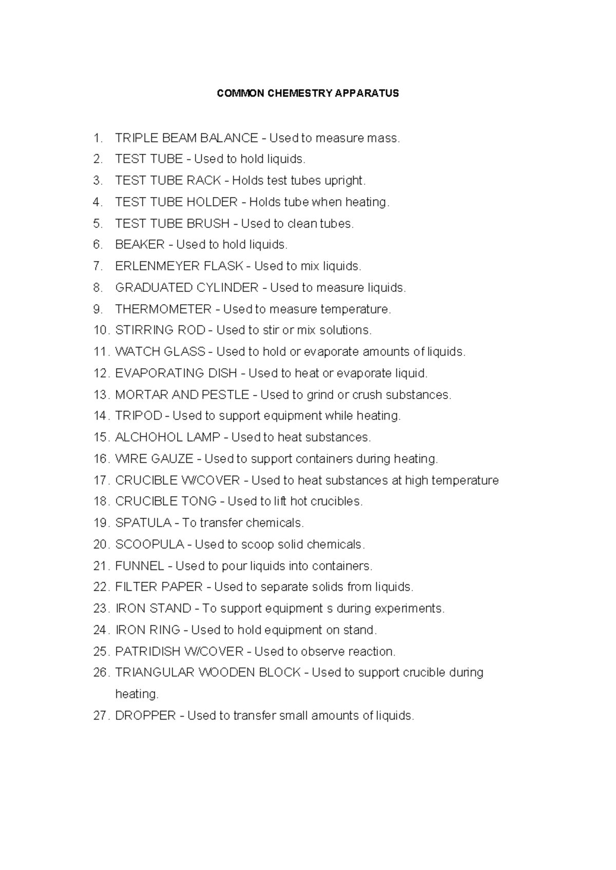 CHEM 101: Common Chemistry Apparatus Overview - Studocu
