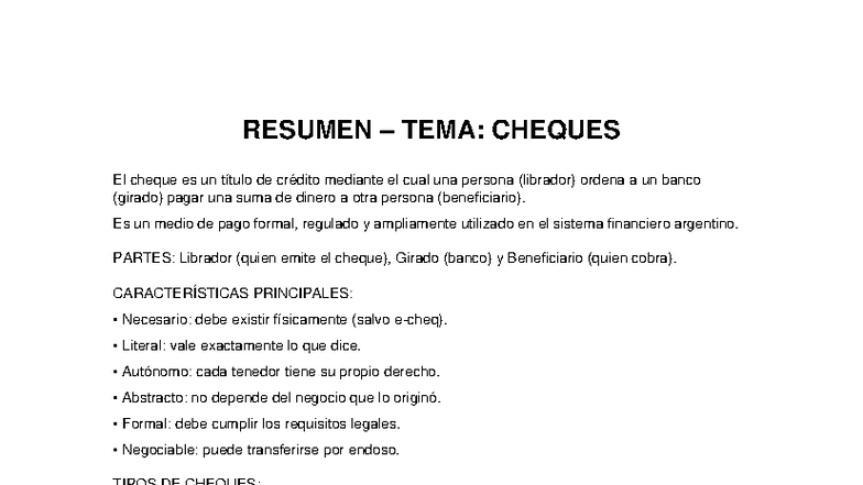 Resumen Tema Cheques: Conceptos y Tipos Esenciales - Studocu