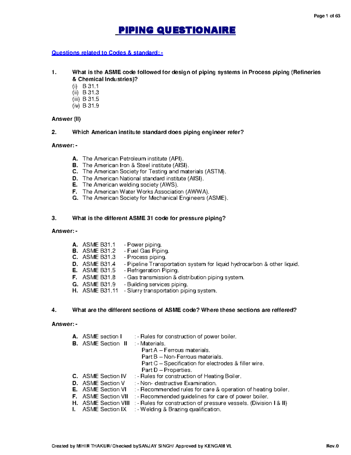 Piping Questionnaire for ASME & ASTM Codes and Standards - Studocu
