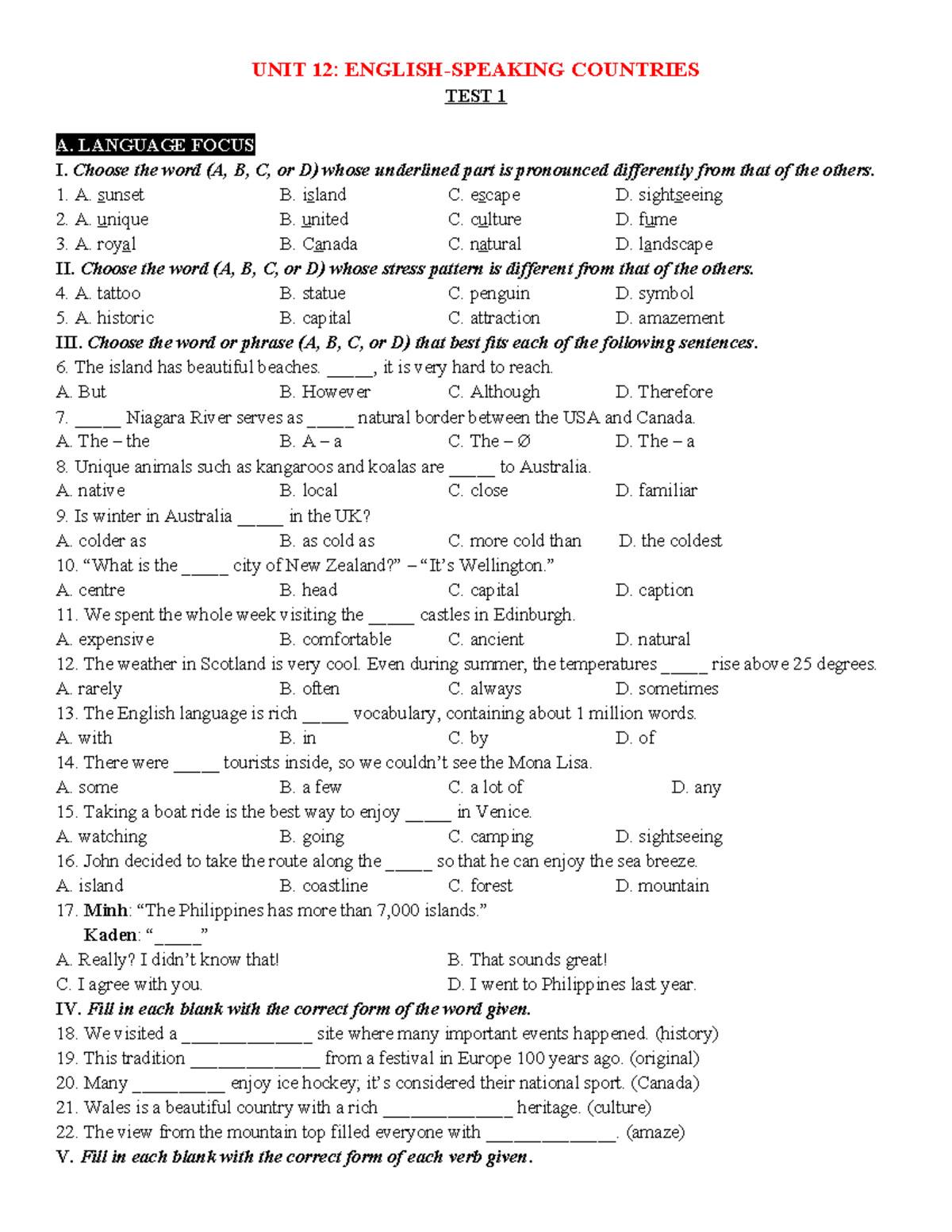UNIT 12: TEST 1 ON ENGLISH-SPEAKING COUNTRIES LANGUAGE FOCUS - Studocu