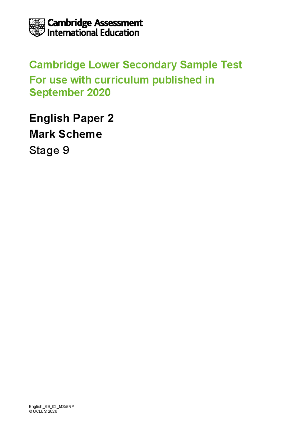 0861 English Stage 9 Sample Test Mark Scheme (2020) - Studocu