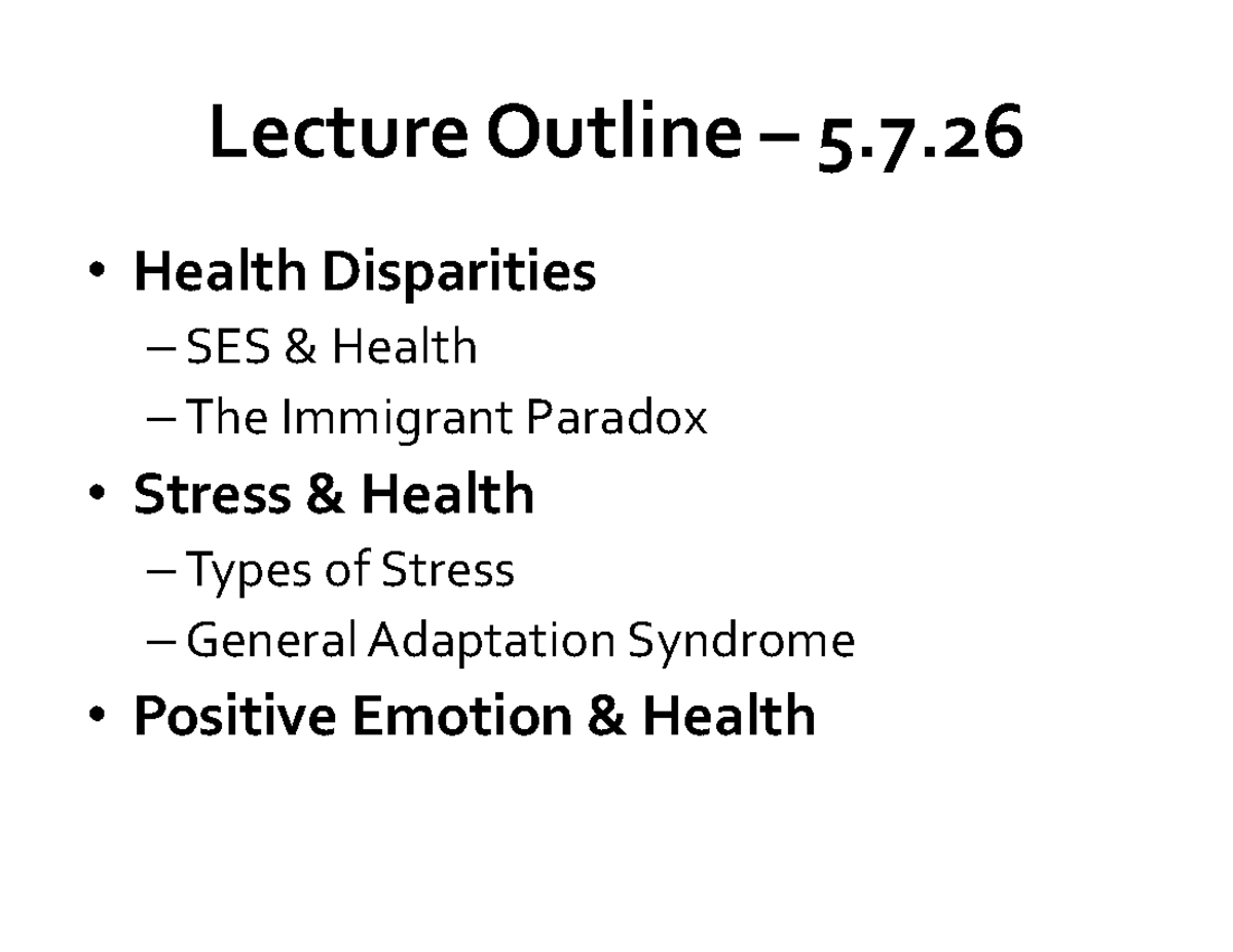 Lecture Outline: Health Disparities and Stress - Exam #3 - Studocu