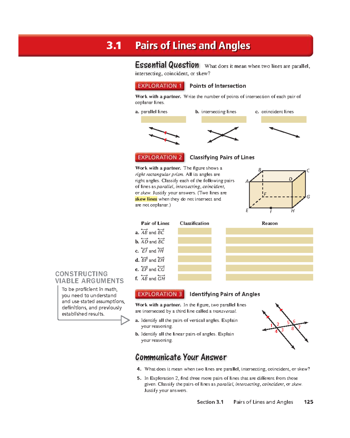 3.1 Pairs of Lines and Angles: Understanding Parallel, Intersecting ...