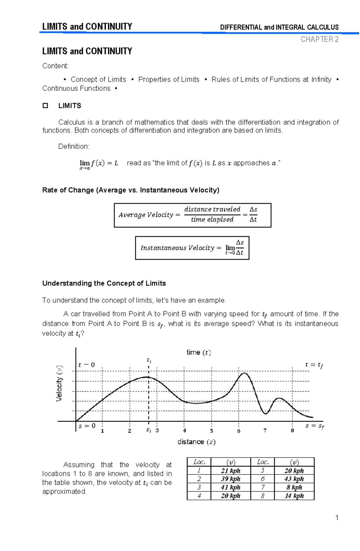 2 Limits and Continuity - CHAPTER 2 LIMITS and CONTINUITY Content: Concept of Limits Properties ...