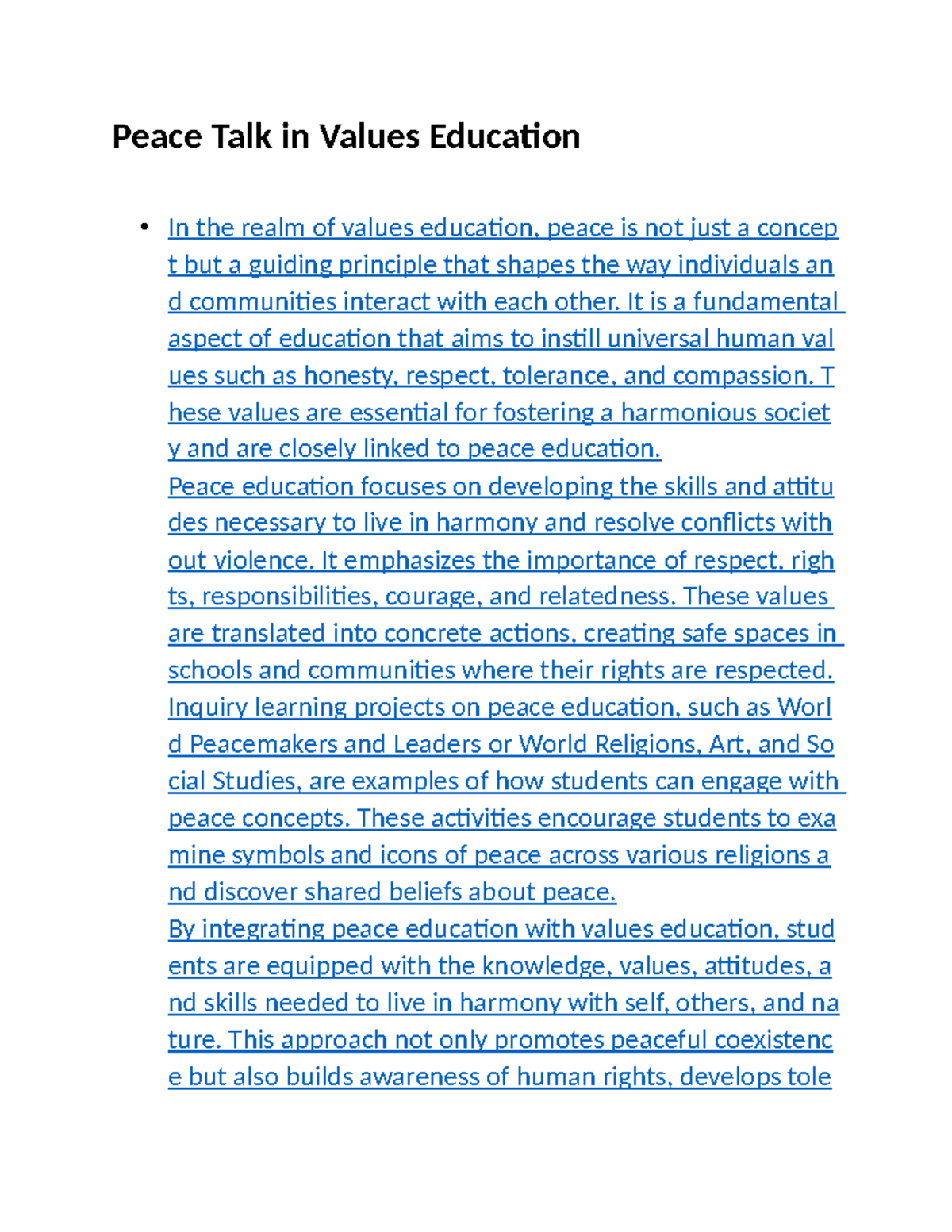 Peace Education in Values: A Guiding Principle for Harmony - Studocu