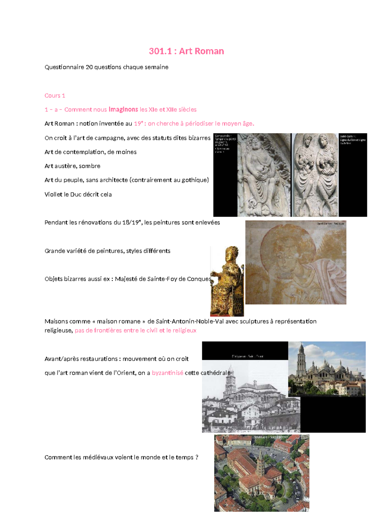 301.1 : Questionnaire sur l'Art Roman - Cours 1 et 2 - Studocu