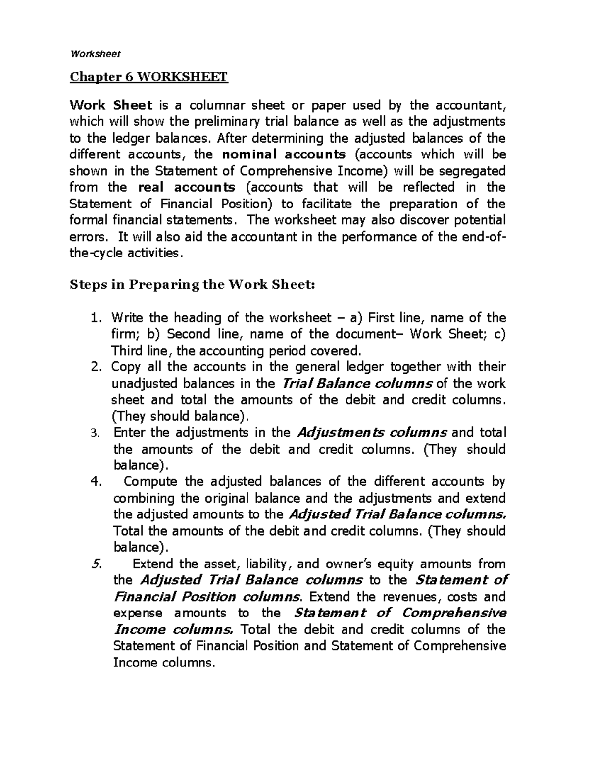 Workbook - Chapter 6: Worksheet Preparation and Adjustments Guide - Studocu
