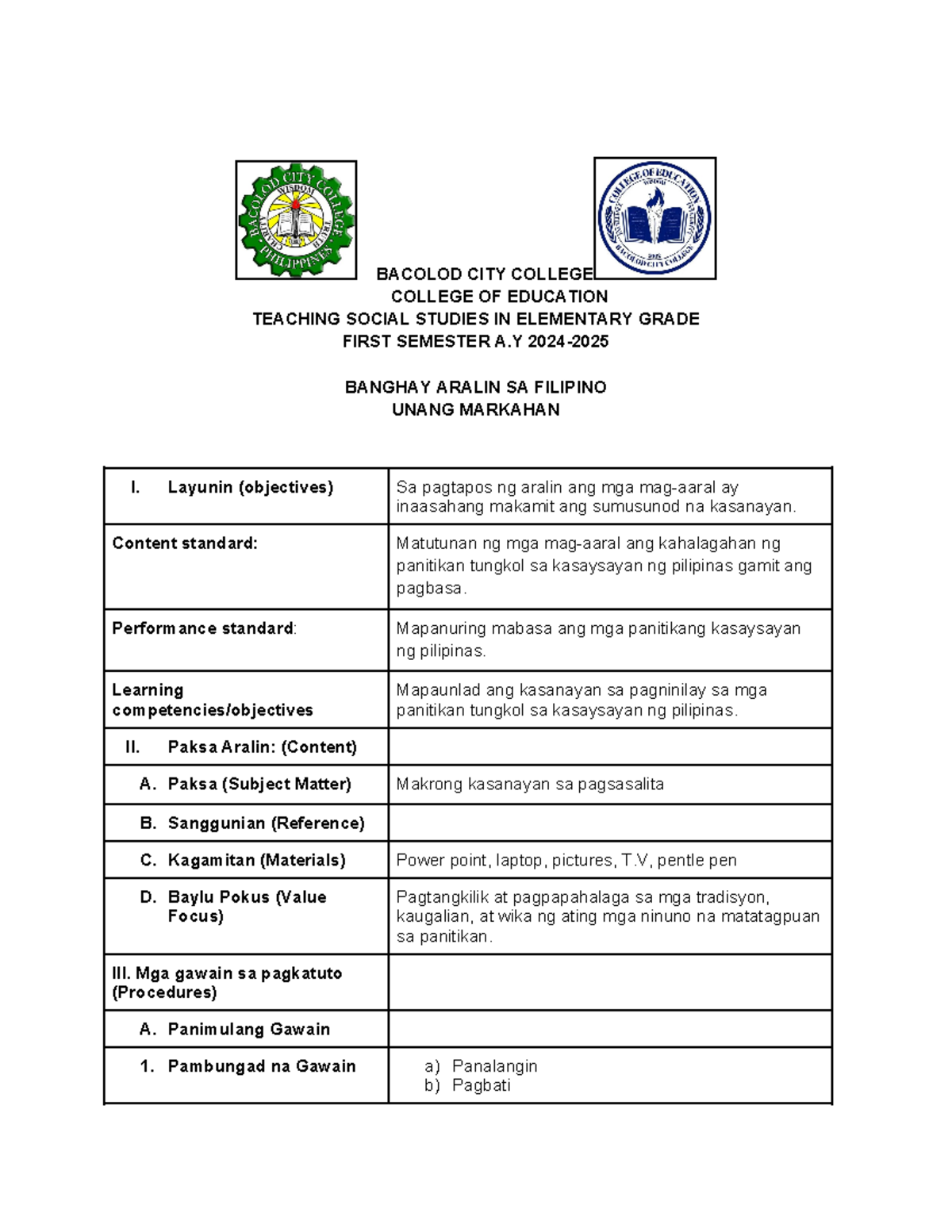 Filipino-lesson-plan - BACOLOD CITY COLLEGE COLLEGE OF EDUCATION ...