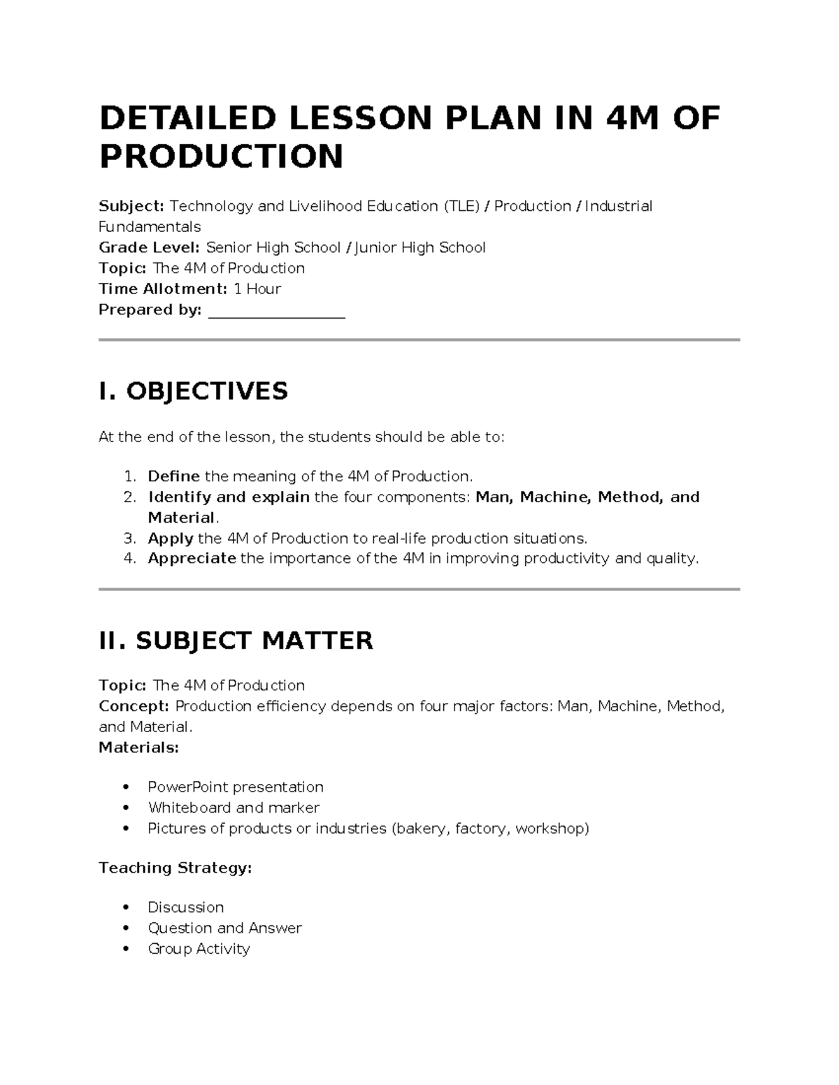Detailed Lesson Plan on 4M of Production (TLE) for SHS & JHS - Studocu