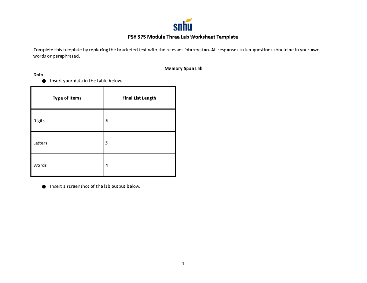 Module Three Lab Worksheet - All responses to lab questions should be ...