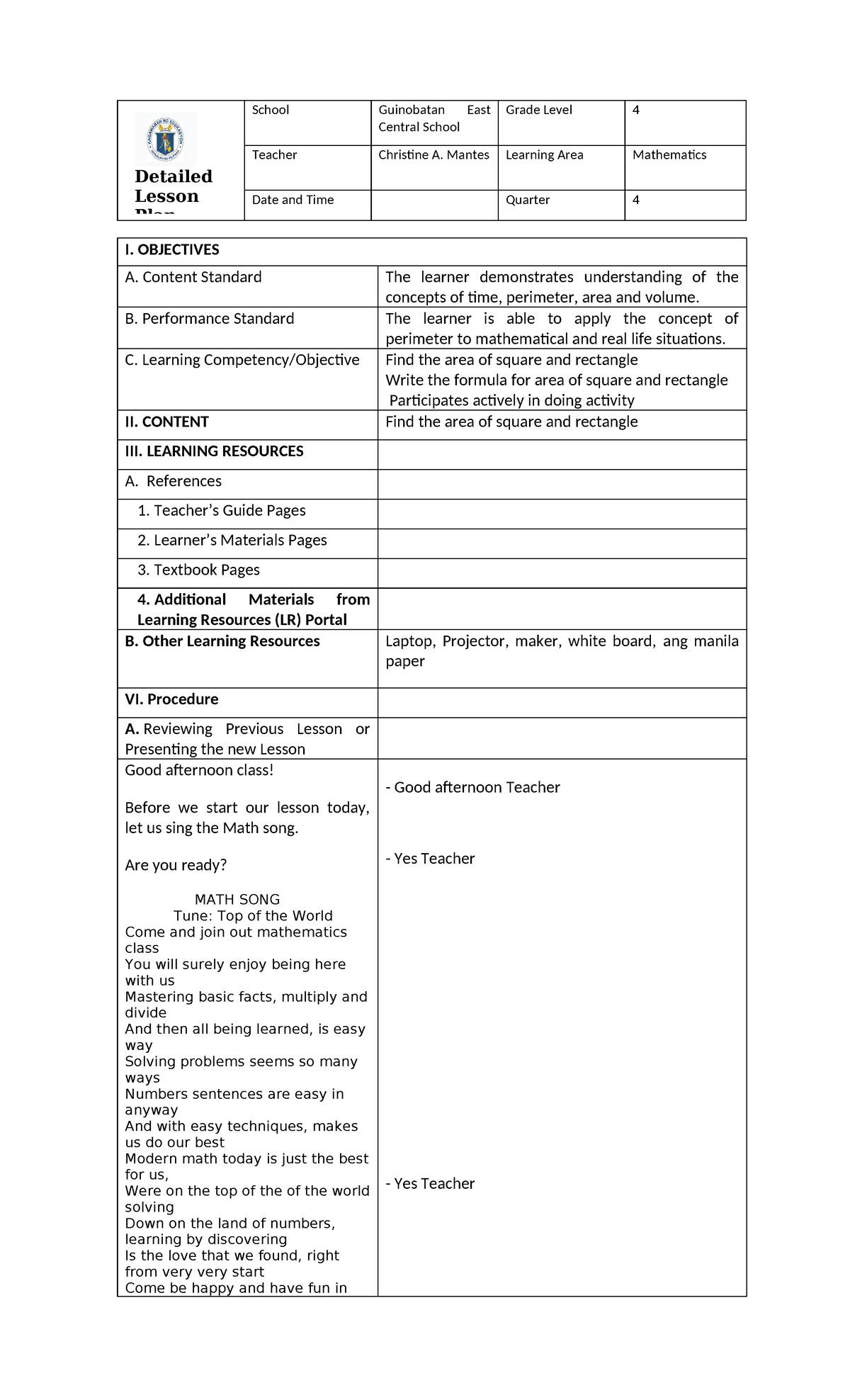 Area of Square and Rectangle Lesson Plan for Grade 4 Math (Q4) - Studocu