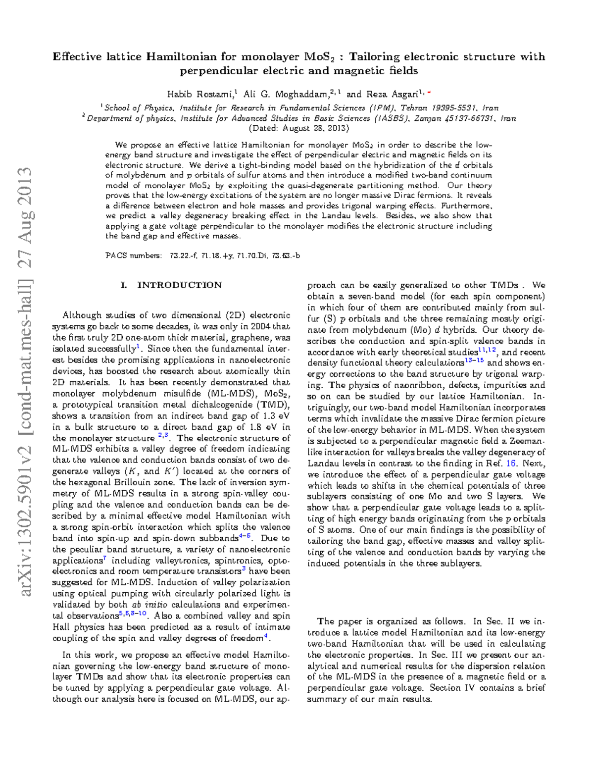 Effective Lattice Hamiltonian for Monolayer MoS2: Electric & Magnetic ...