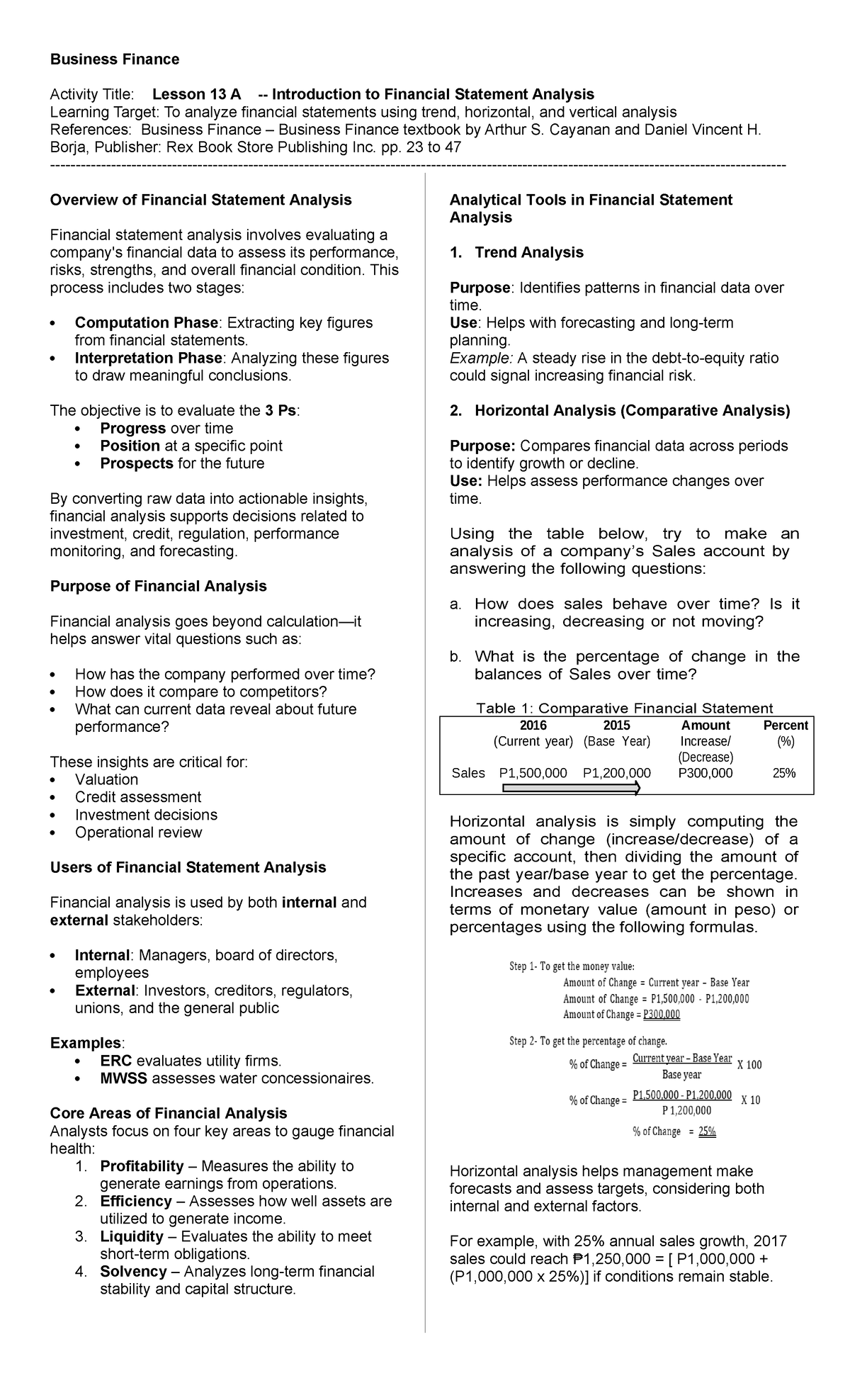 Business Finance BF101 Lesson 13A: Financial Statement Analysis - Studocu