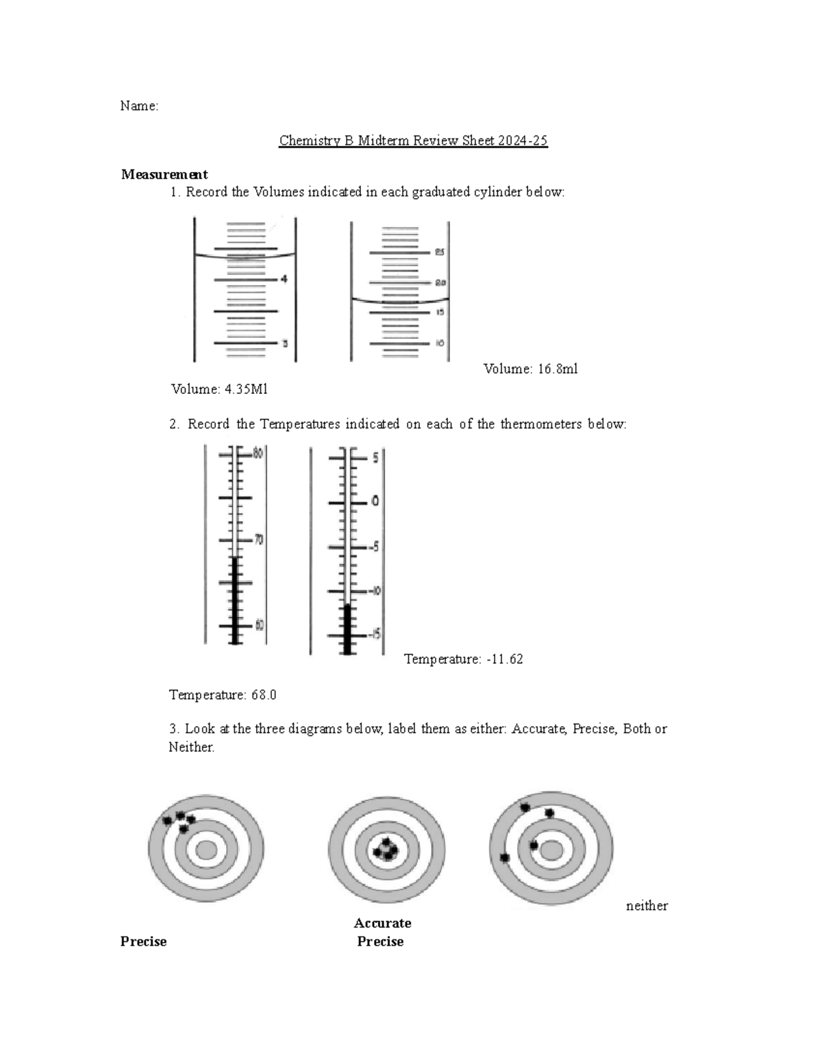 Chemistry B Midterm Review Sheet 24-25 - Name: Chemistry B Midterm ...