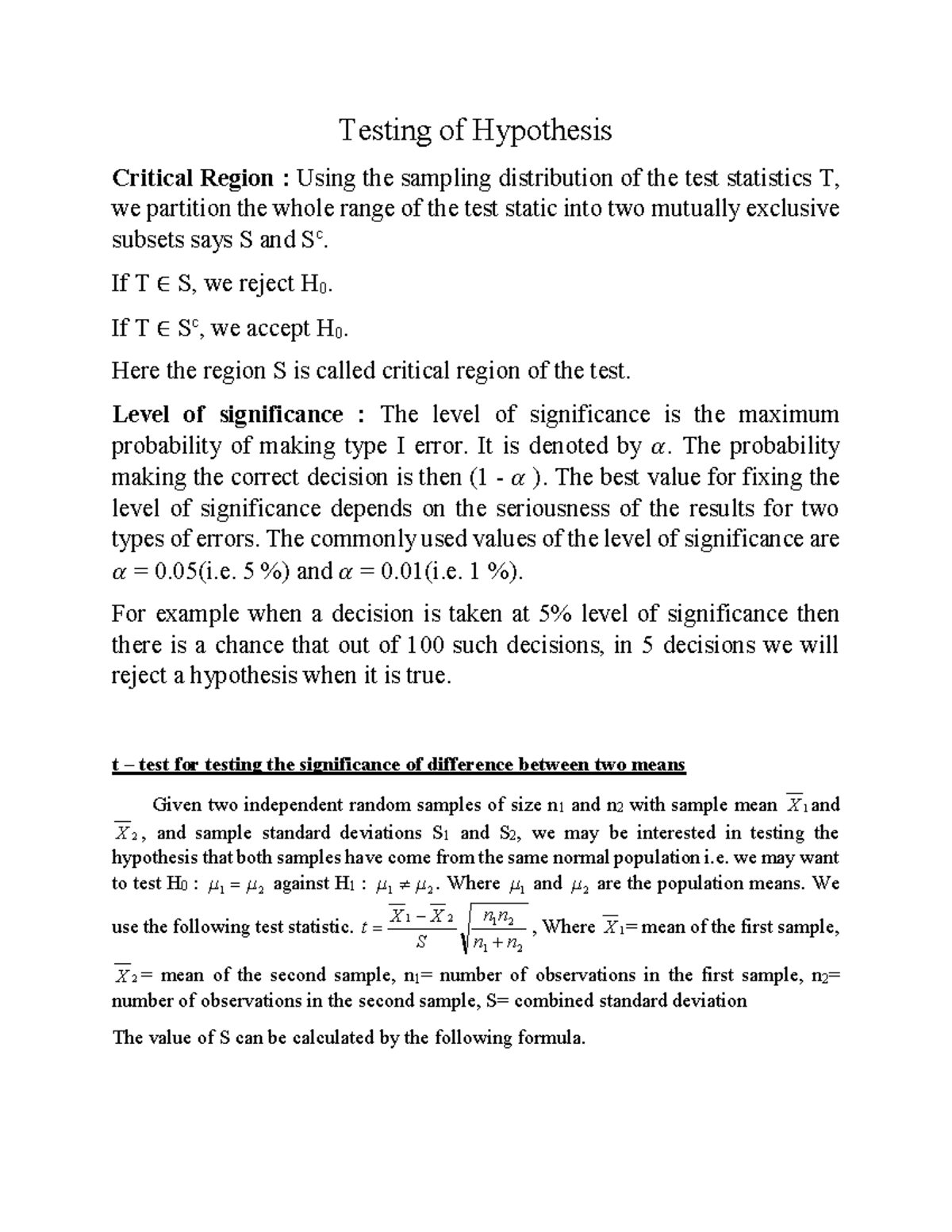 Testing of Hypothesis PART 2 - Testing of Hypothesis Critical Region ...