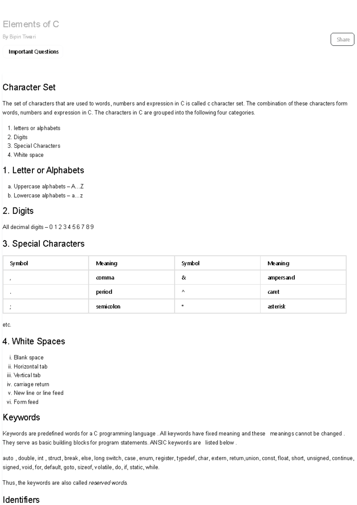 Chapter 2: Elements of C - A Detailed Overview of C Programming (CSIT) - Studocu