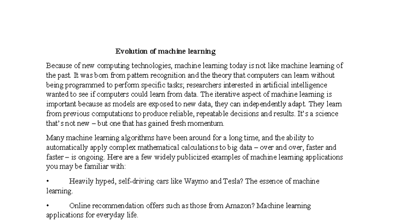 Evolution of Machine Learning: From Theory to Application - Studocu