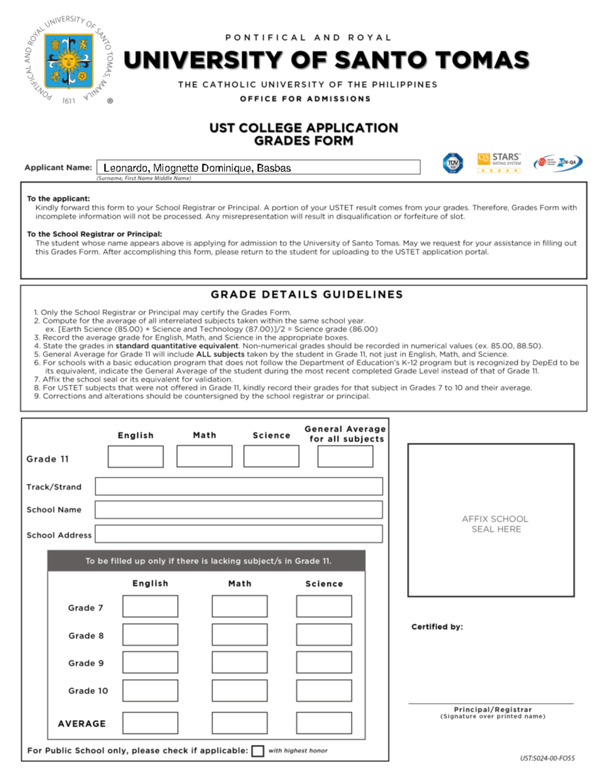 UST G12 HUMSS Grades Form for College Application Overview - Studocu