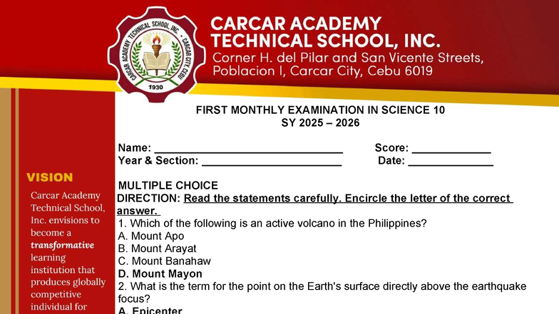 First Monthly Exam in Science 10 (SY 2025-2026) - Multiple Choice ...